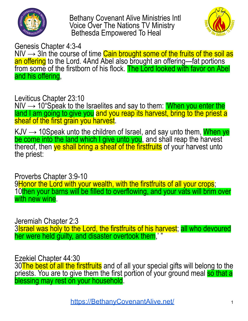 First Fruits Offering - Bethany Covenant Alive Ministries Intl