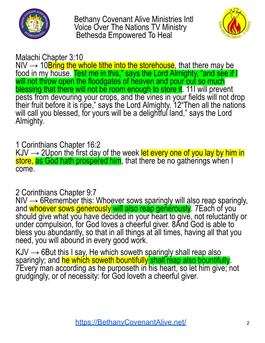 First Fruits Offering - Bethany Covenant Alive Ministries Intl