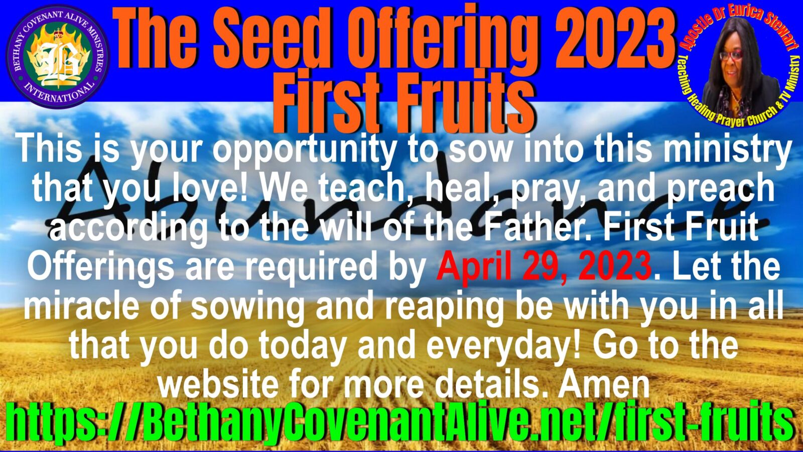 First Fruits Offering - Bethany Covenant Alive Ministries Intl